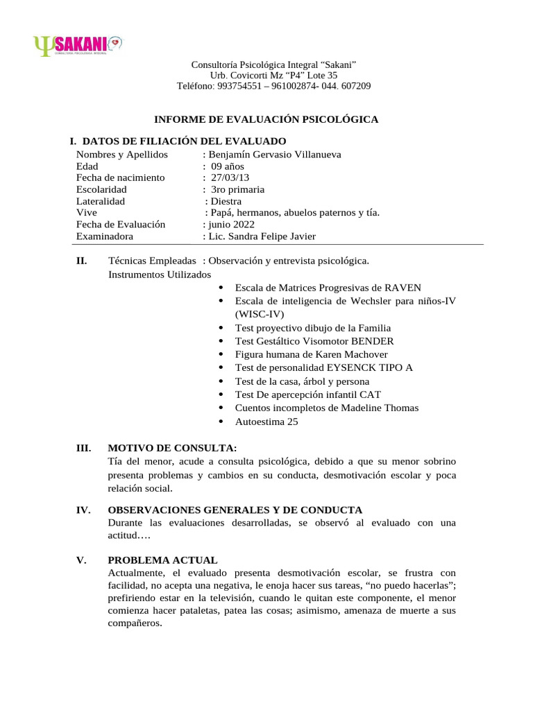Informe Psicologico - Benjamin Gervacio | PDF | Las emociones | Mente