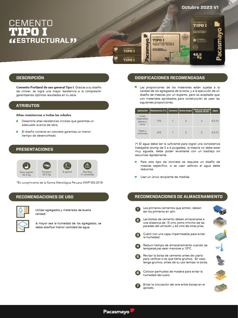 Ficha Tecnica - Cemento Tipo I - PACASMAYO | PDF | Hormigón | Cemento