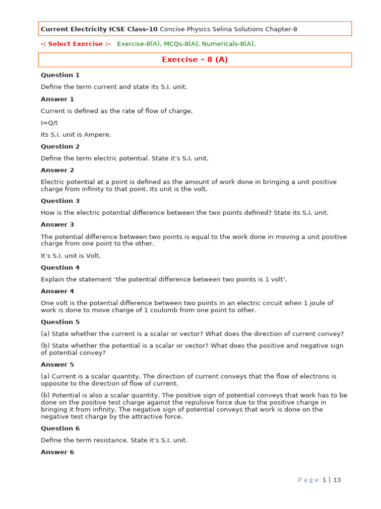 Current Electricity-Exercise - 8 (A) - CHAPTER 8 | PDF | Electrical ...