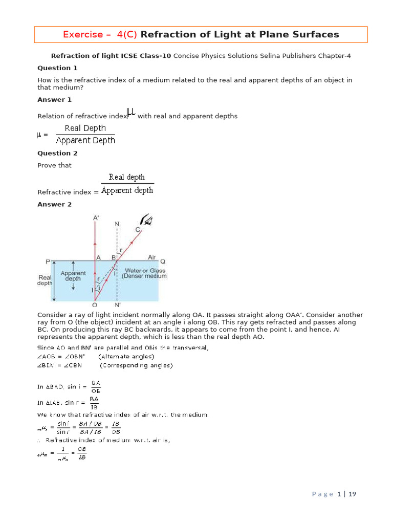 Exercise - 4 (C) & 4 (D) - Refraction of Light at Plane Surfaces | PDF | Reflection (Physics ...