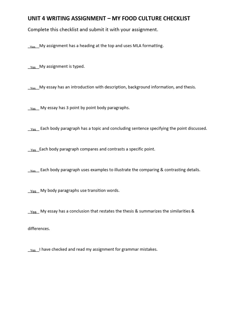 Unit 4 Writing Assignment Checklist Pdf Career Growth Language