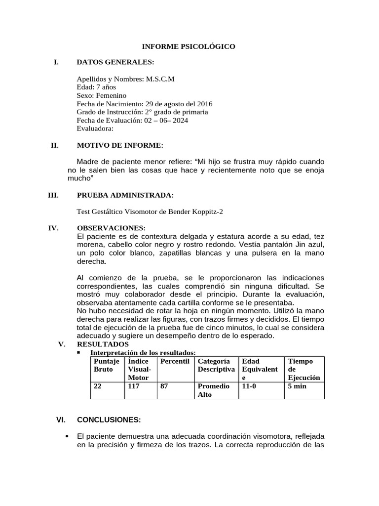INFORME PSICOLÓGICO BENDER KO (1) | PDF | Atención | Ciencias del comportamiento