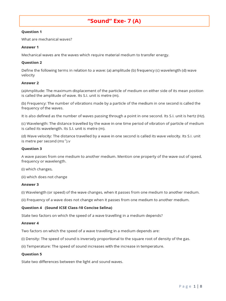 “Sound” Exe- 7 (A) ICSE Class-10 Chapter-7 | PDF | Waves | Frequency