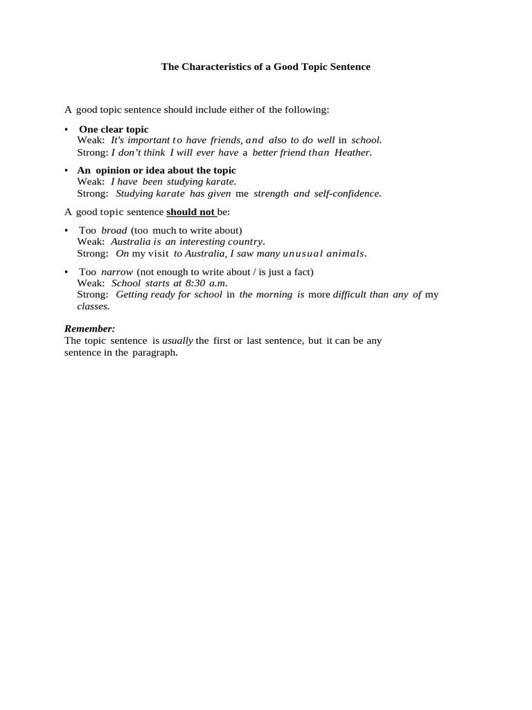The Characteristics of A Good Topic Sentence | PDF