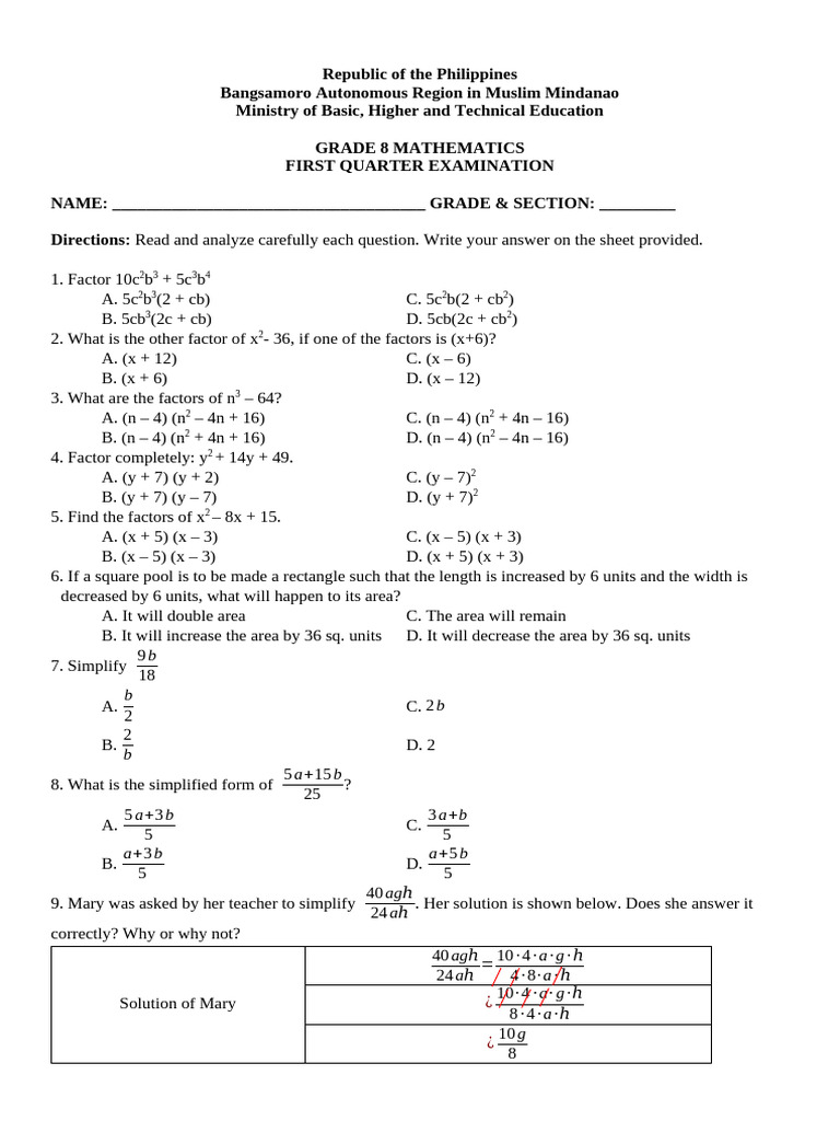 QuarterlyExam Math8 Q1 Final-V1.1-1 | PDF | Slope | Equations