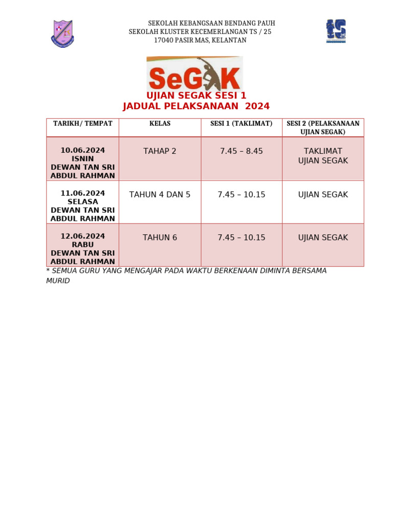 Takwim UJIAN SEGAK 2024 | PDF