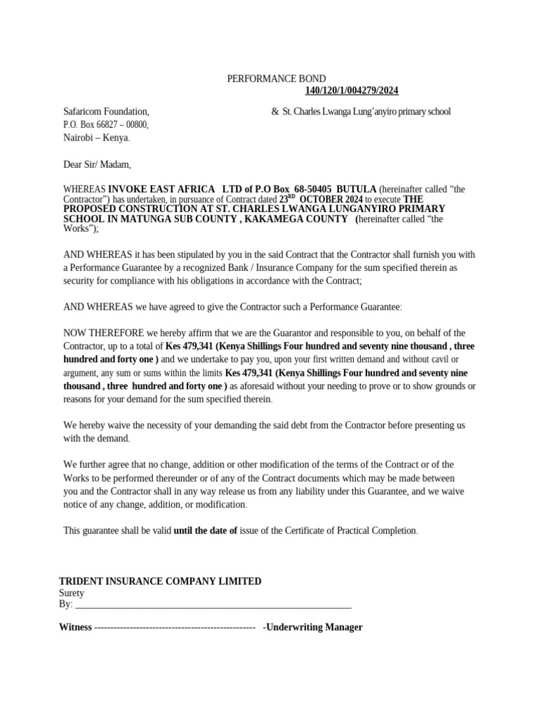 PERFORMANCE BOND Safaricom Lunganyiro | PDF | Law | Home & Garden