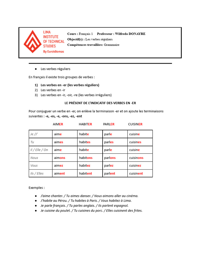 Conjugaison des verbes en -er en français | PDF | Arts du langage et ...