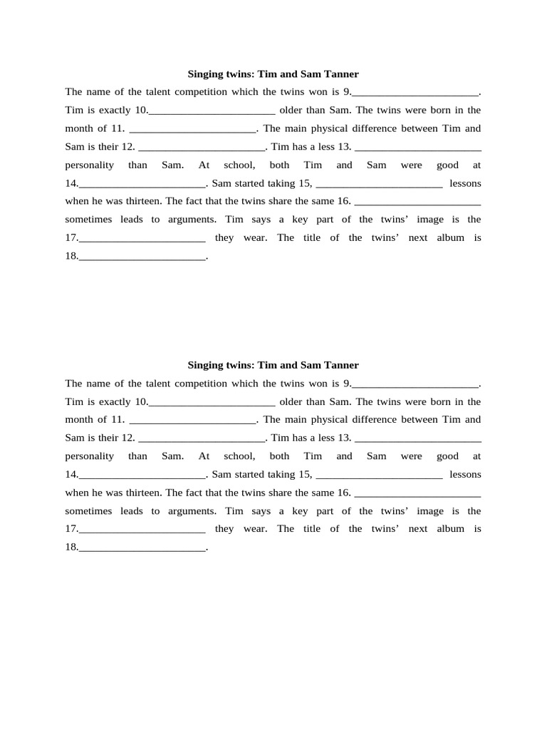 Singing Twins Tim and Sam Tanner - Listening | PDF | Language Arts ...