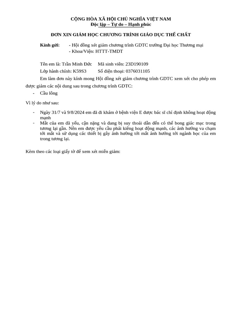 Đơn xin miễn - giảm học chương trình GDTC | PDF