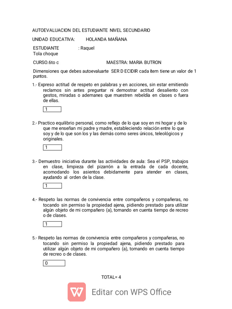 Autoevaluación Estudiantil Secundaria | PDF