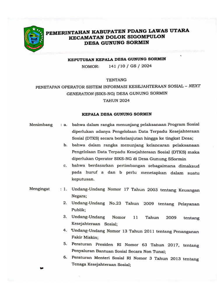 SK Operator Desa Gunung Sormin | PDF