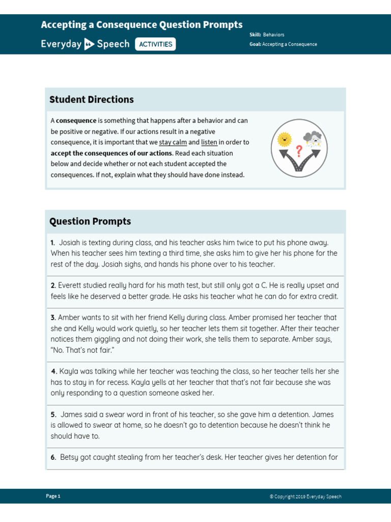 Accepting A Consequence Question Prompts | PDF | Teachers