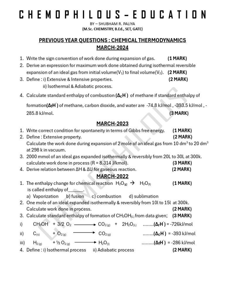 Pyq Chemical Thermodynamics | PDF | Enthalpy | Gases