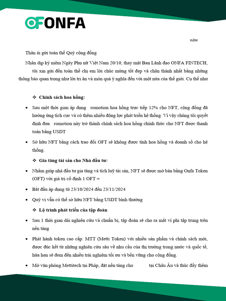 Thư Chúc Mừng 20.10 - ONFA FINTECH | PDF