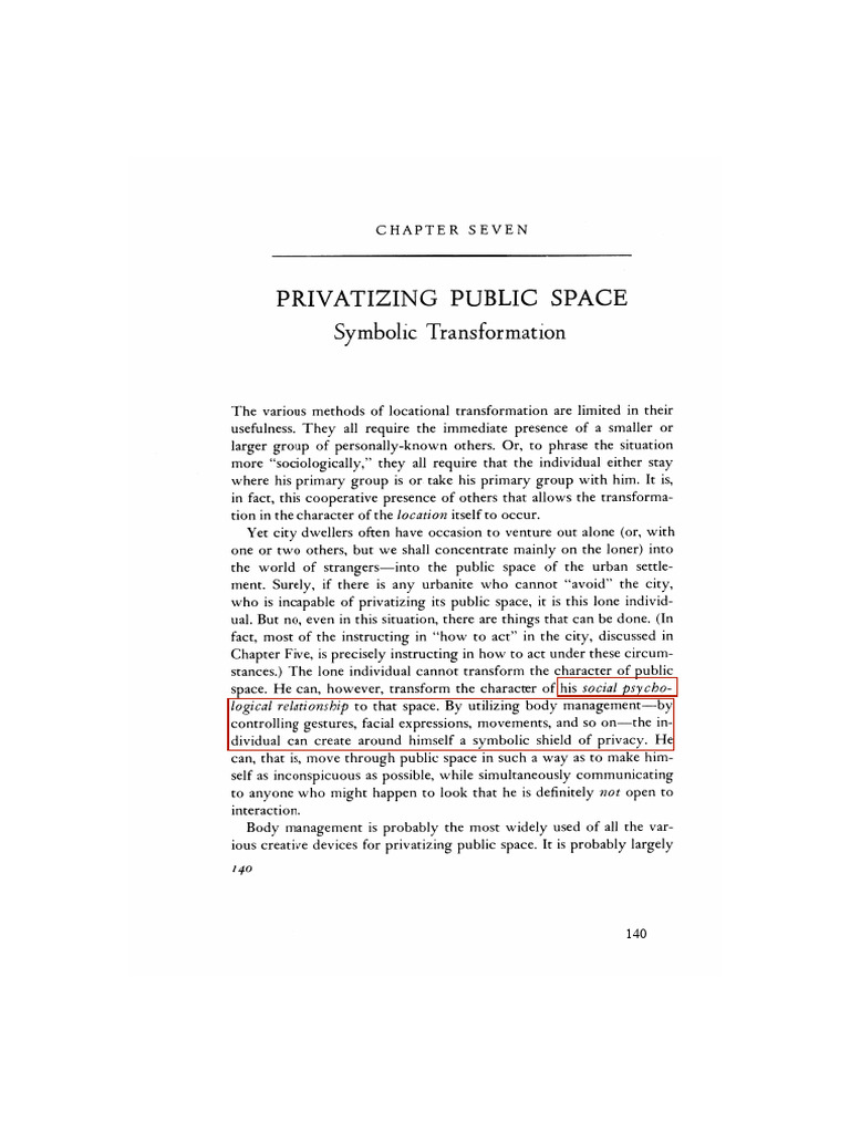 Lofland (1973) Privatizing Public Space - Symbolic Transformation | PDF