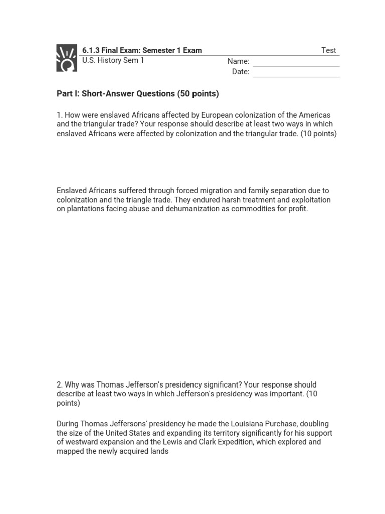 U.S. History Semester 1 Exam Review | PDF | Slavery In The United ...