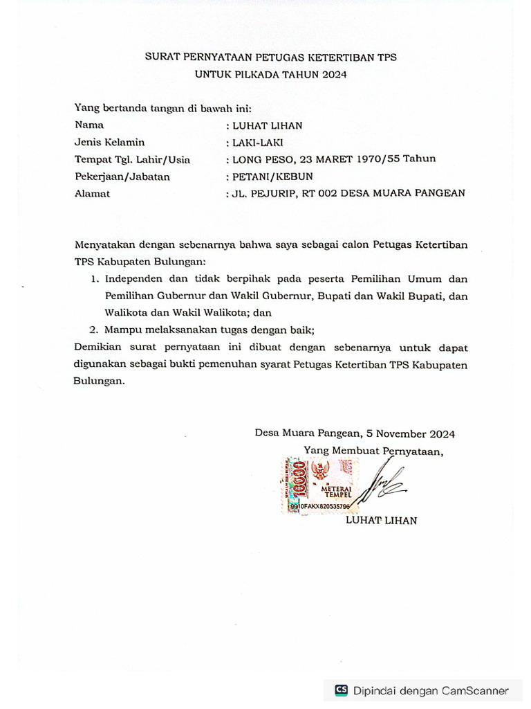 Surat Pernyataan - Luhat Lihan | PDF