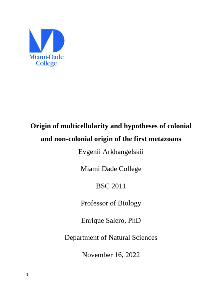 Origin of multicellularity and hypotheses of colonial and non | PDF ...