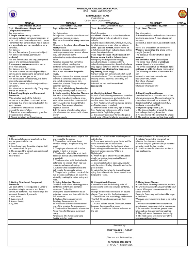 English-10 Clauses Enhancement Plan | PDF | Adverb | Clause