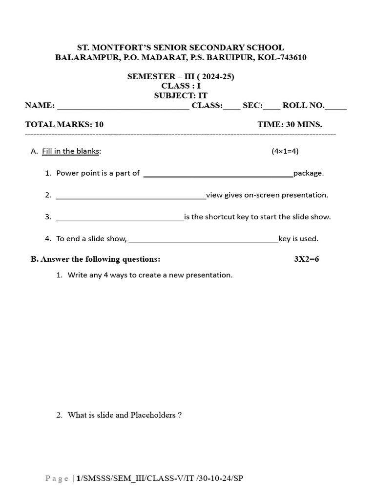 Class Test Class 5 | PDF