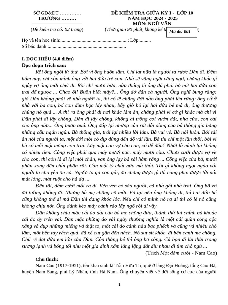 ĐỀ KIỂM TRA GIỮA KÌ I NV10 NĂM HỌC 2024 - 2025 | PDF