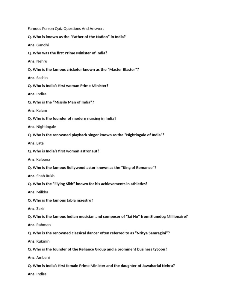 Famous Person Quiz Questions and Answers | PDF | Sports