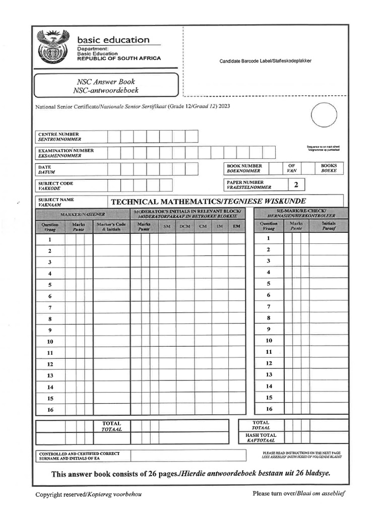 Technical Mathematics P2 Nov 2023 Answer Book Eng & Afr | PDF