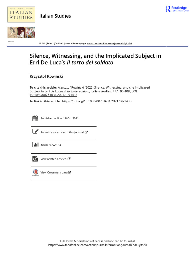 Silence Witnessing and The Implicated Subject in Erri de Luca S Il ...