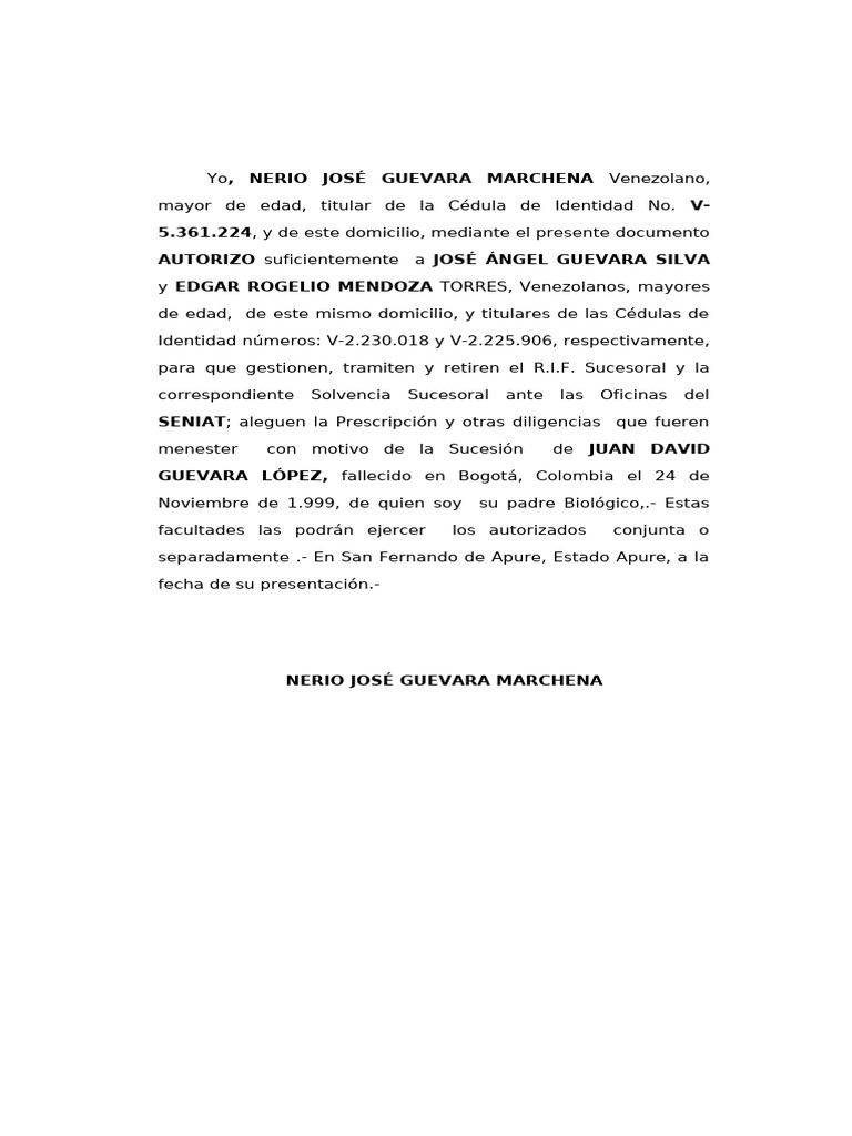 Autorización para Tramitar Documentos Seniat | PDF