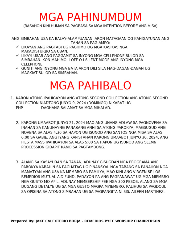 Mga Pahibalo (Chapels) | PDF