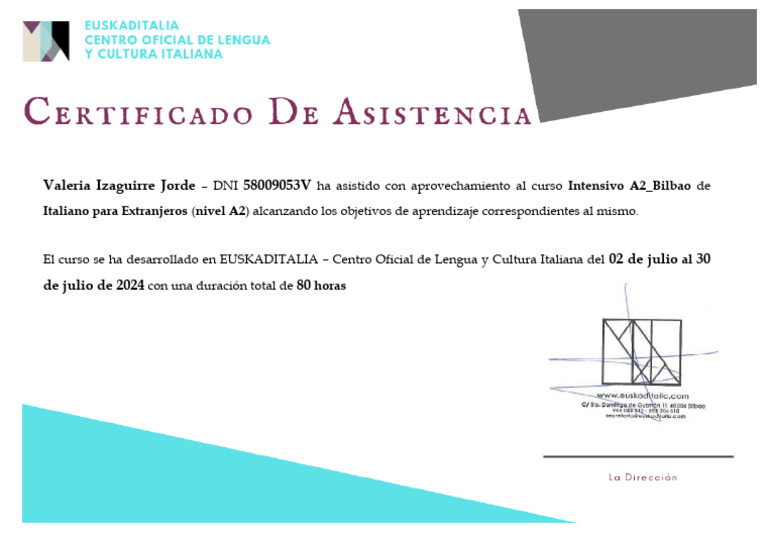 Valeria Izaguirre Jorde - Certificado Asistencia - A2 | PDF