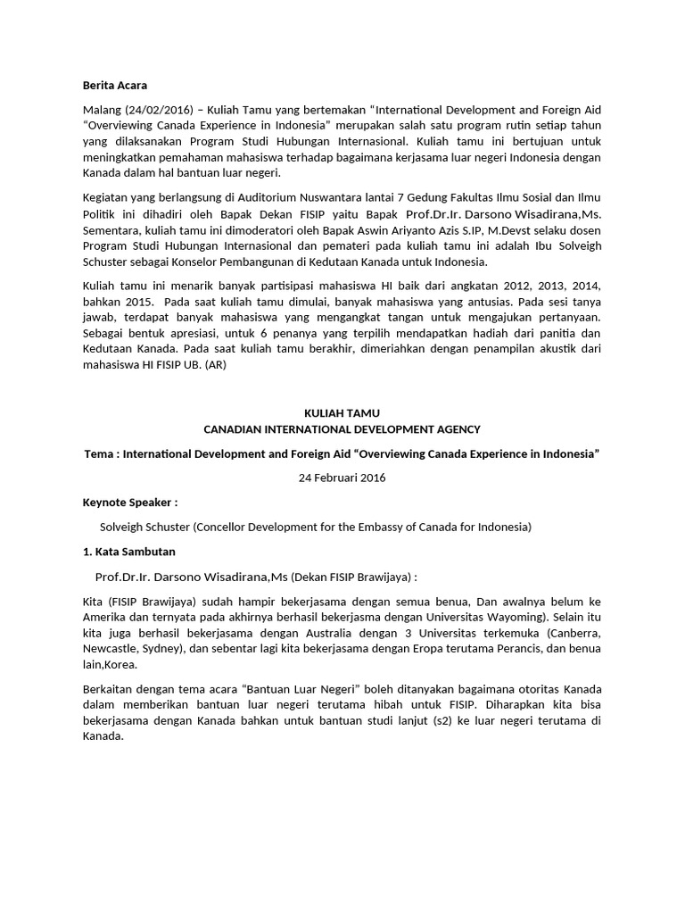 Notulensi Dan Berita Acara Kuliah Tamu CIDA | PDF | Bisnis