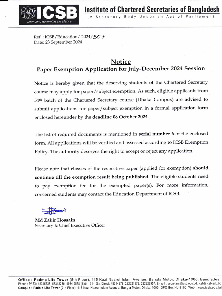 ICSB Paper Exemption Notice 2024 | PDF | Accountant | Accounting