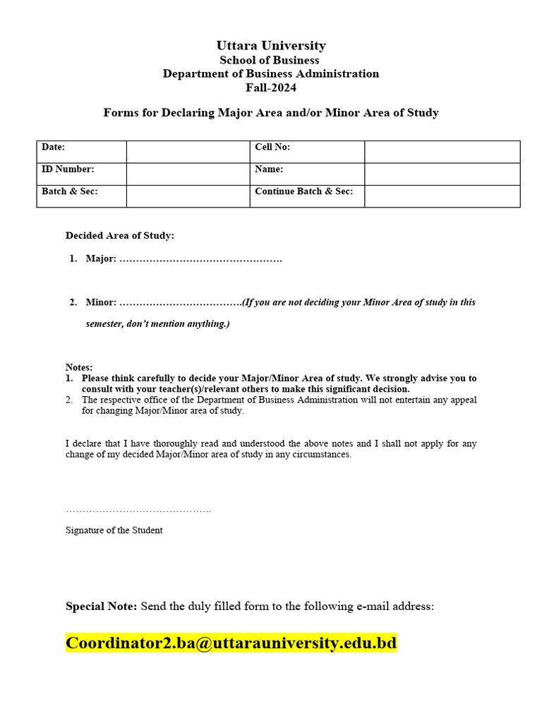 Course Enrollment Form Major and Minor in Fall 2024 | PDF