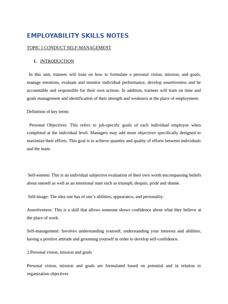EMPLOYABILITY SKILLS NOTES 1 and 2 | PDF | Goal | Communication