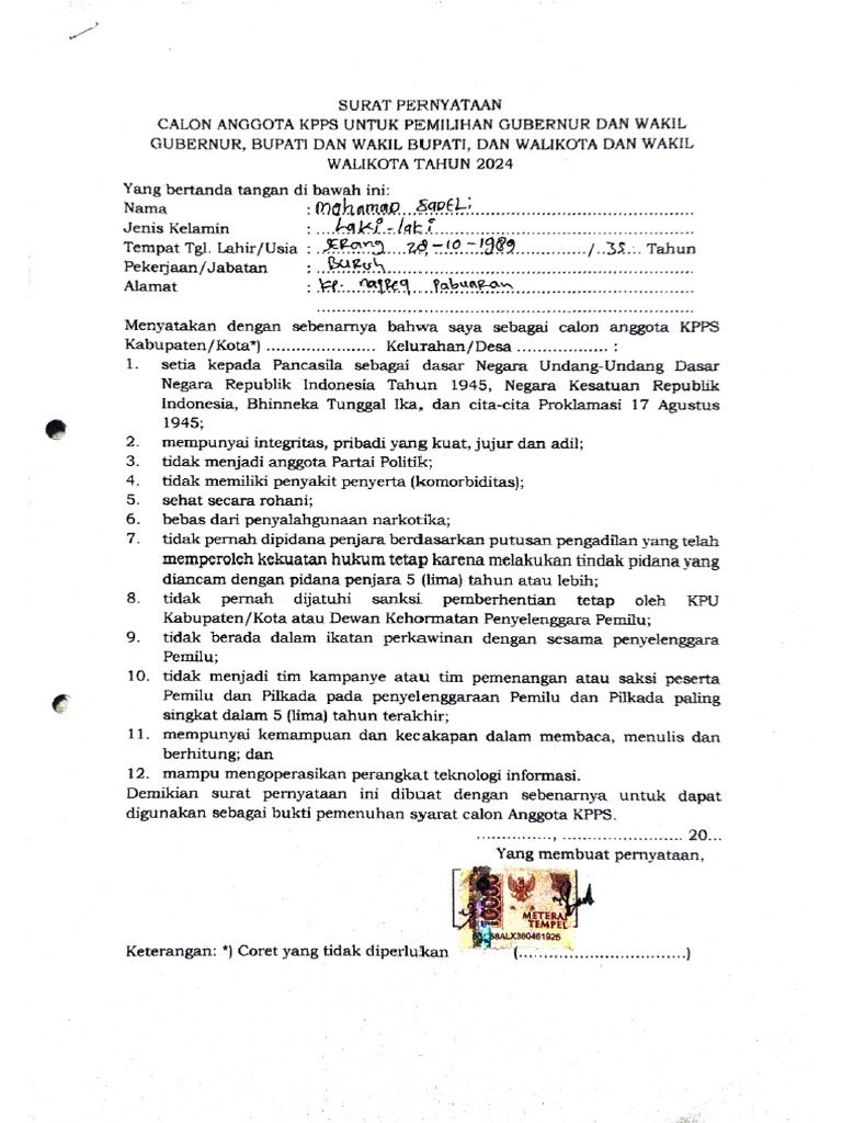 Surat Pernyataan Sadeli | PDF
