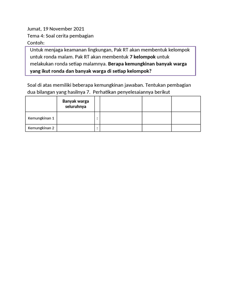 Latihan Tertulis Tema 4 Soal Cerita Pembagian | PDF