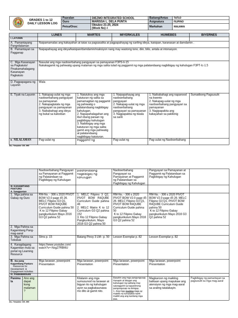 Filipino 3 w4 q2 DLL Marissa | PDF