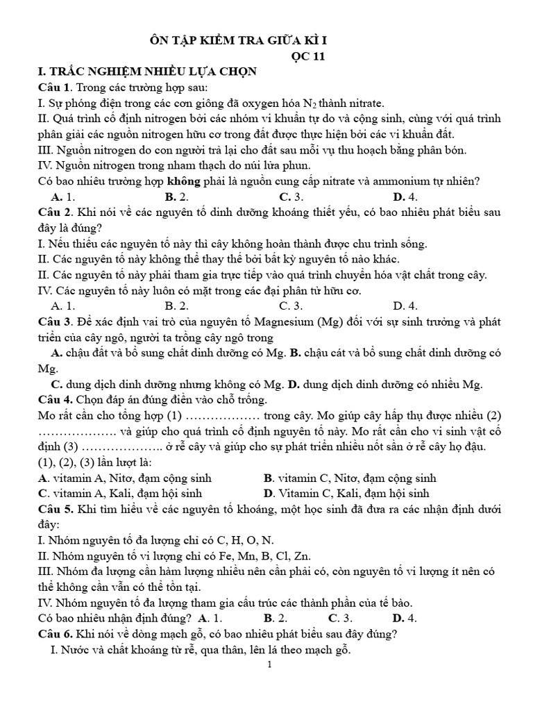 SINH 11 ÔN TẬP KTGKI in 4 trang trên 1 tờ A4 | PDF