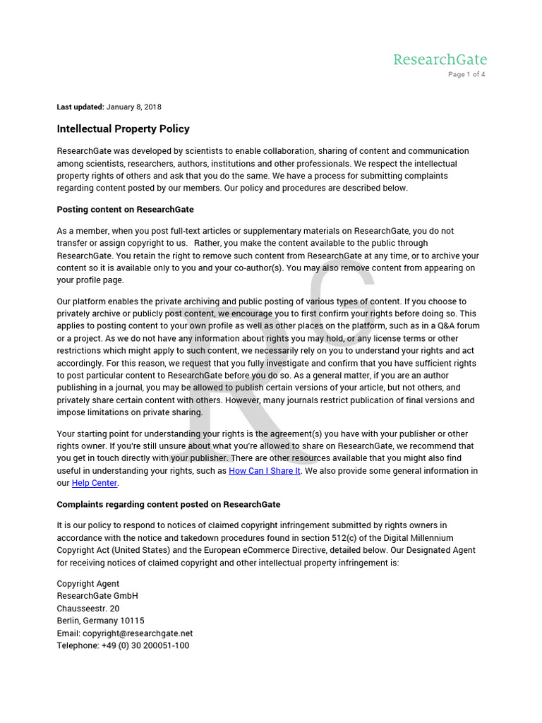 Intellectual Property Policy: Posting Content On Researchgate | PDF ...