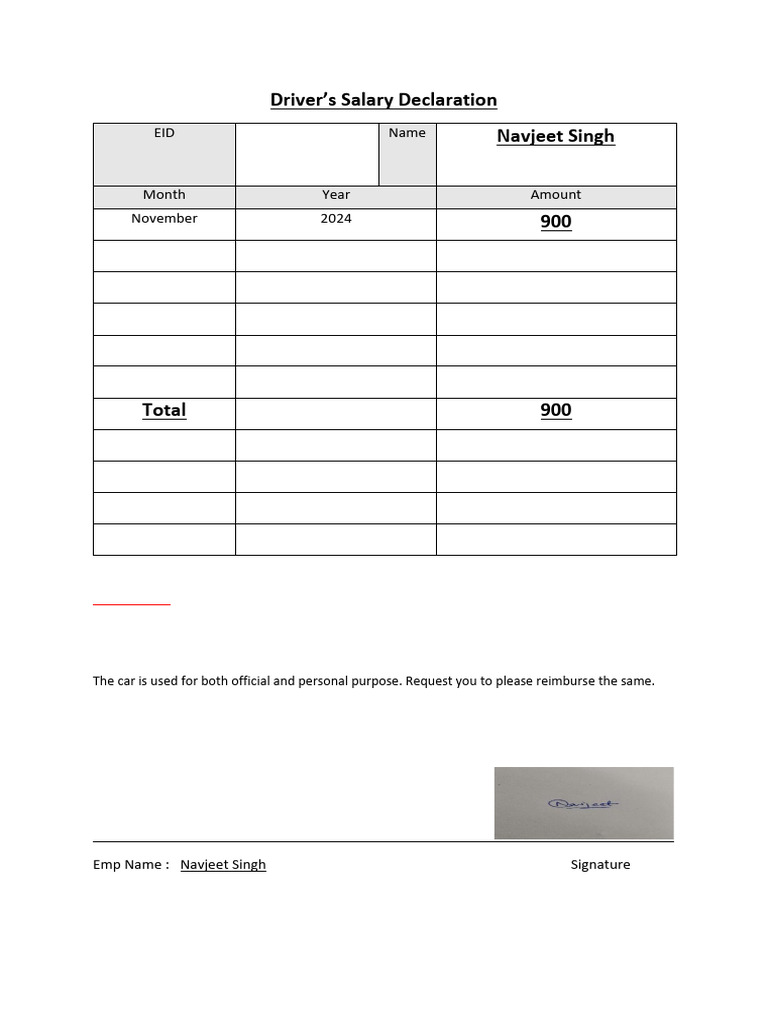 Driver Salary Declaration | PDF