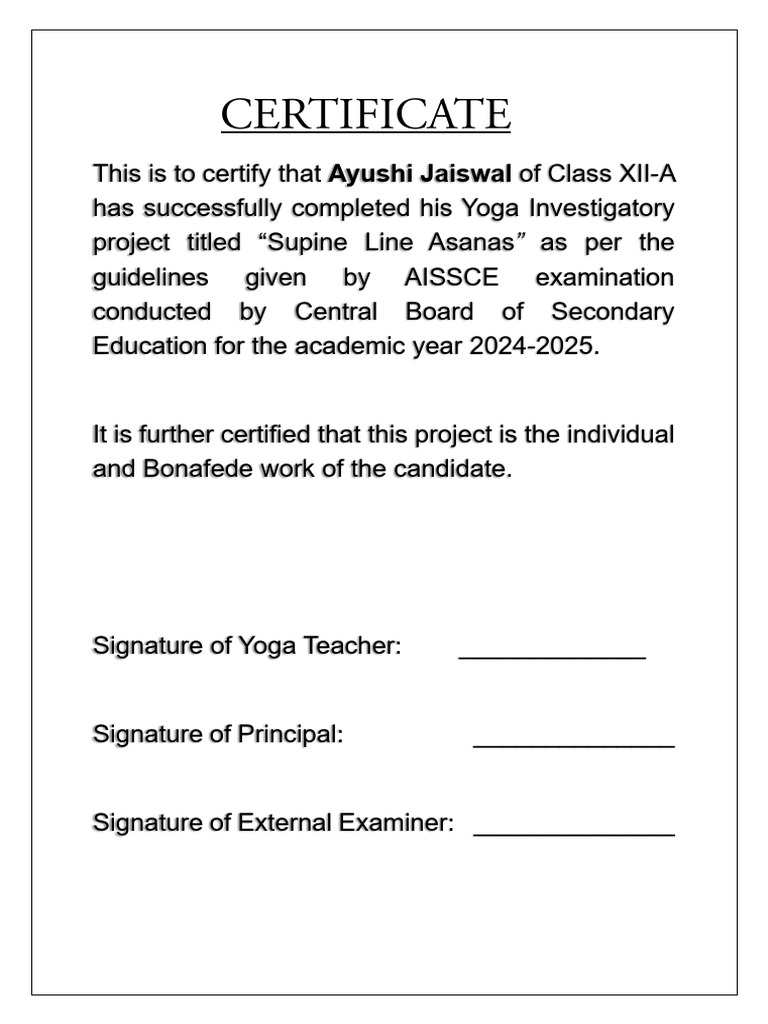 Supine Line Asanas Project Certificate | PDF | Asana | Yoga