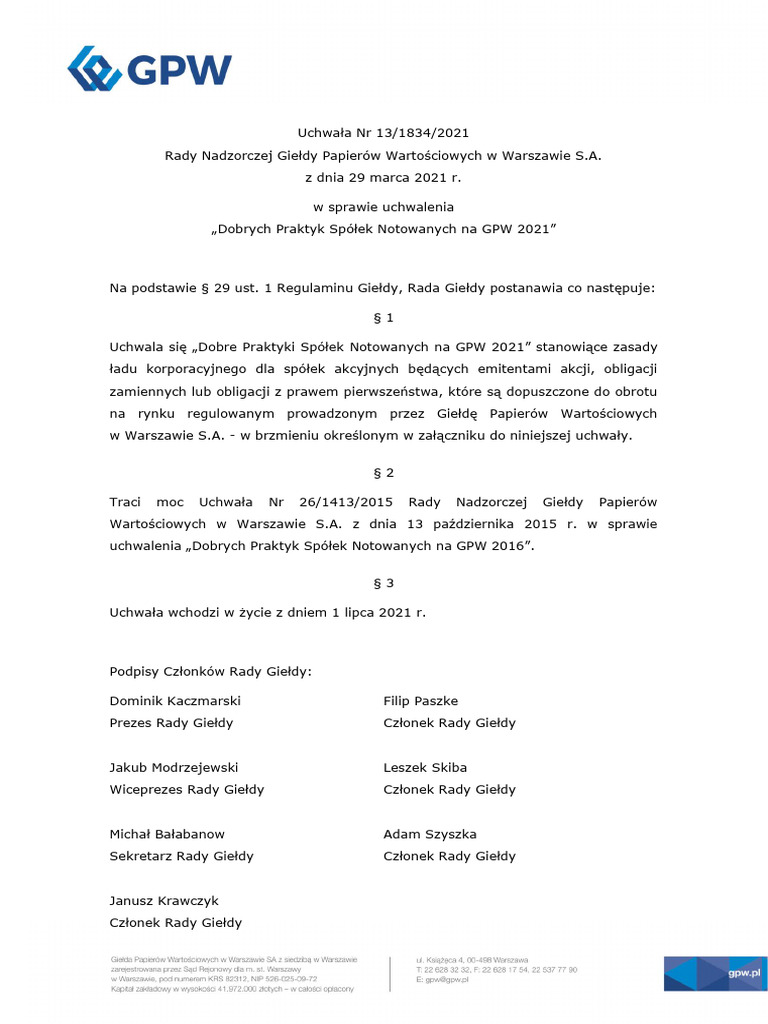 Dobre Praktyki Spolek Notowanych Na GPW 2021 | PDF