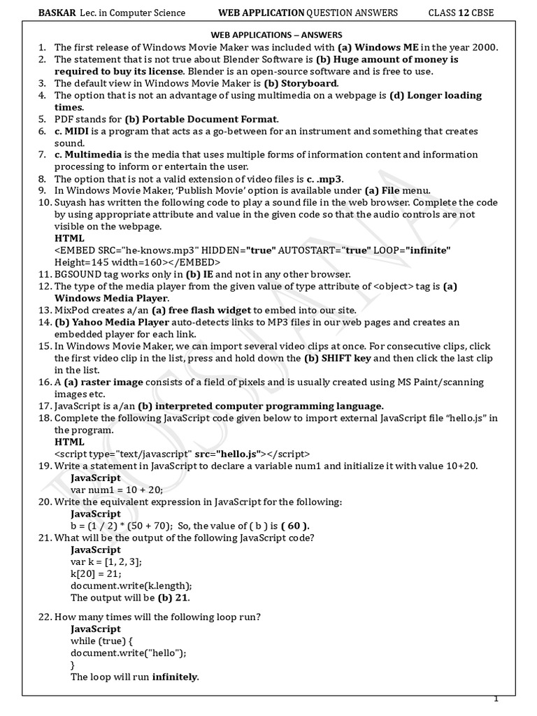 CBSE Class 12 Web App Q&A | PDF | Java Script | World Wide Web