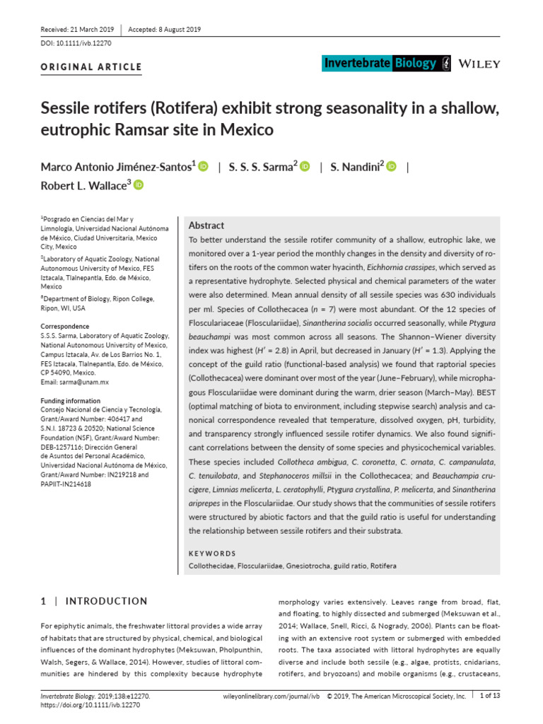 Jimenez Etal - 2019 - Sessile Rotifers Ramsar Mexico | PDF