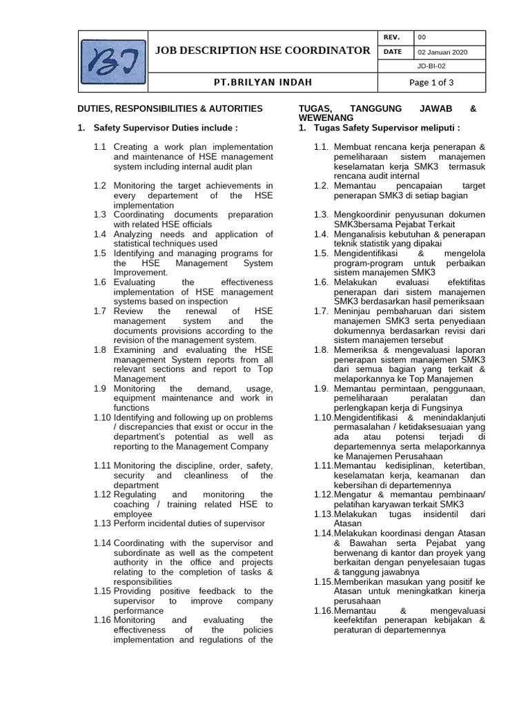 Job Description Hse Cooordinator | PDF