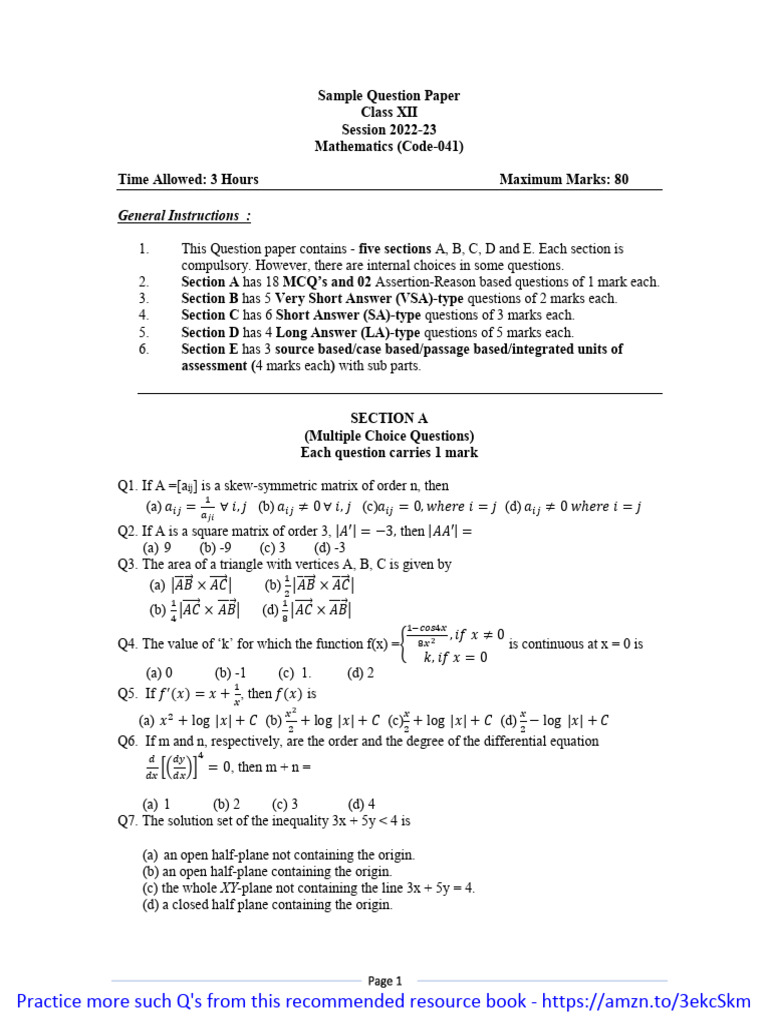 2022-23 Cbse 12 Maths SQP | PDF | Algebra | Mathematical Objects