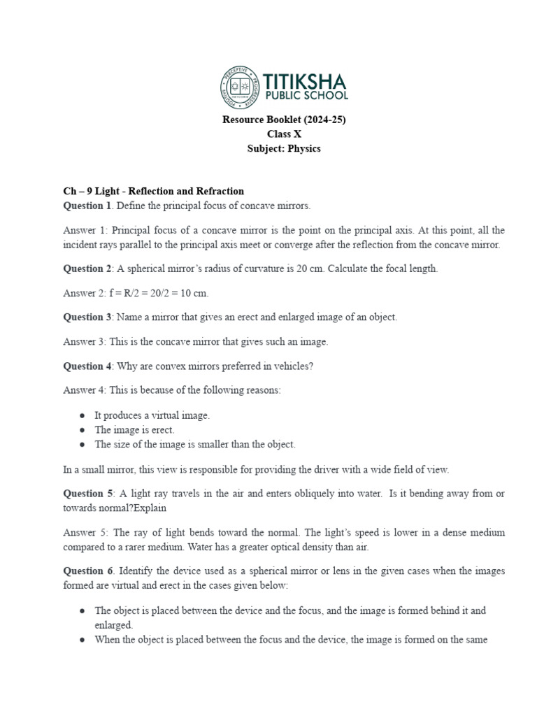 Resource Booklet X Physics Term - 1 (2024-25) | PDF | Eye | Optics