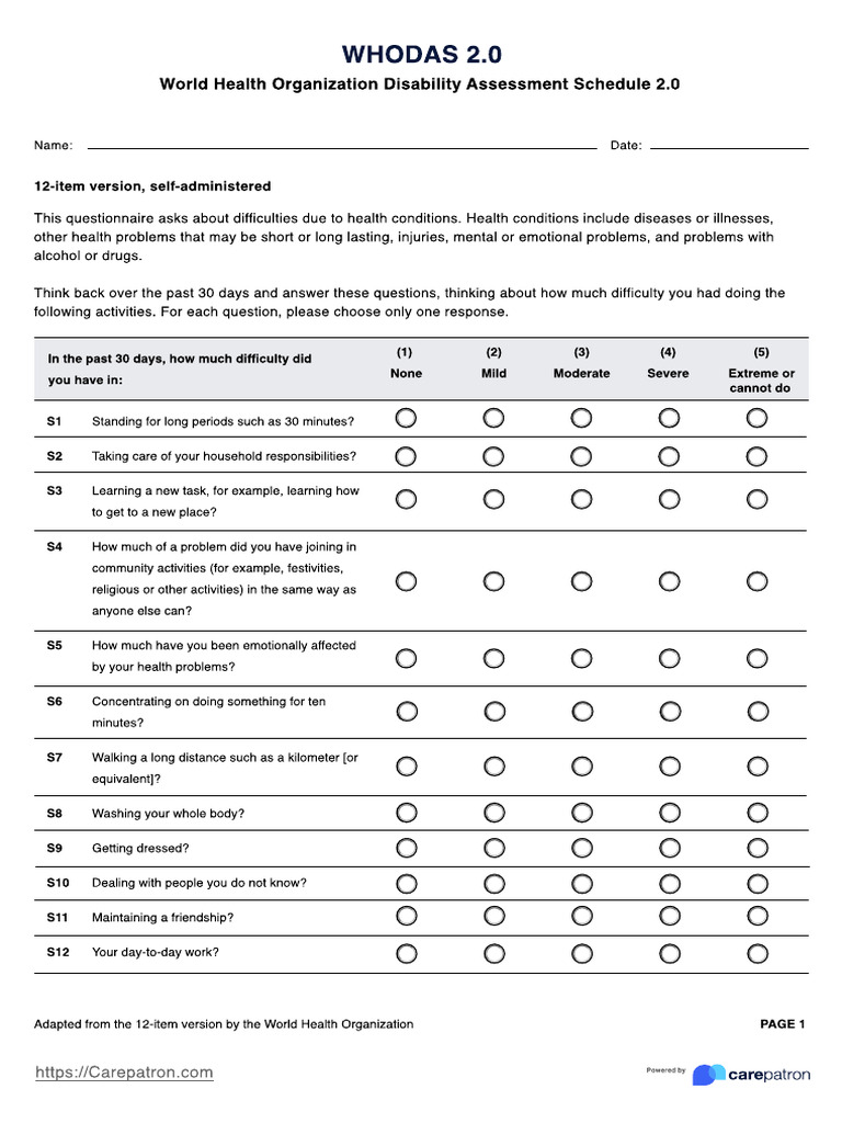 World Health Organization Disability Assessment Schedule Whodas 2-0-12 ...